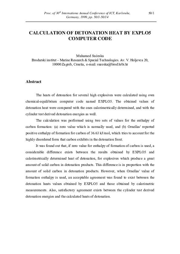 Pdf Calculation Of Detonation Heat By Explo5 Computer Code