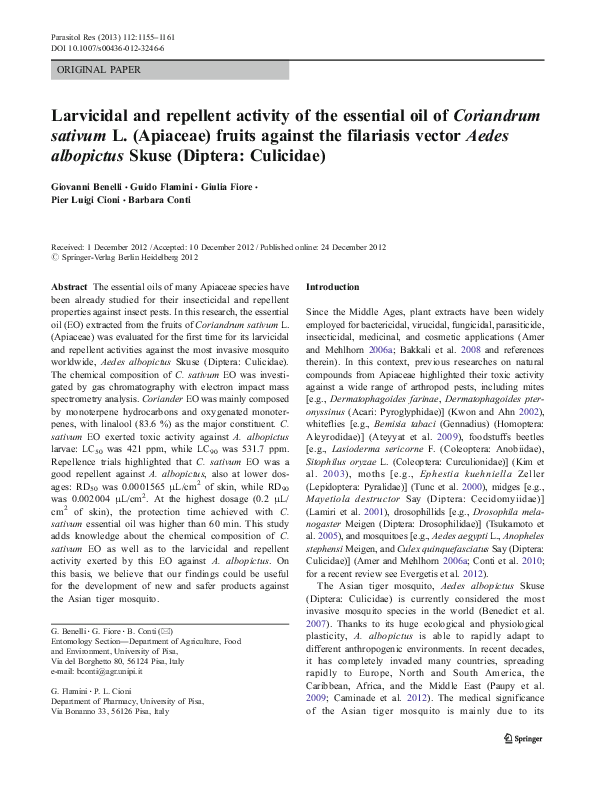 (PDF) Larvicidal and repellent activity of the essential oil of ...
