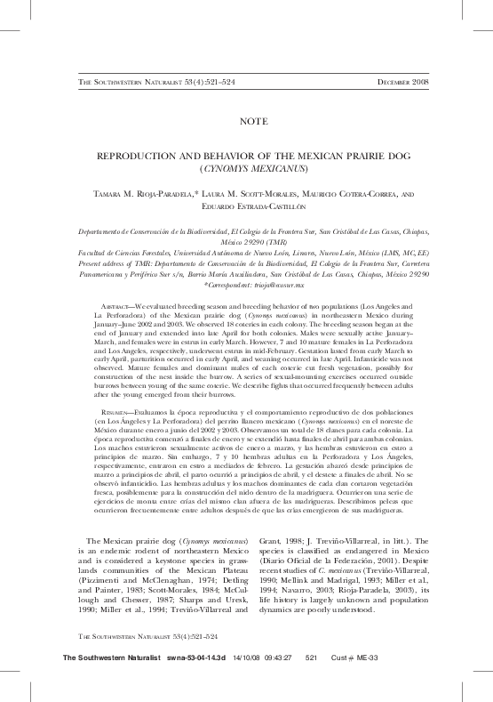 (PDF) Reproduction and Behavior of the Mexican Prairie Dog (Cynomys ...