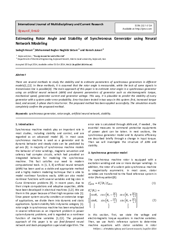 (PDF) Estimating rotor angle and stability of synchronous generator using neural network modeling
