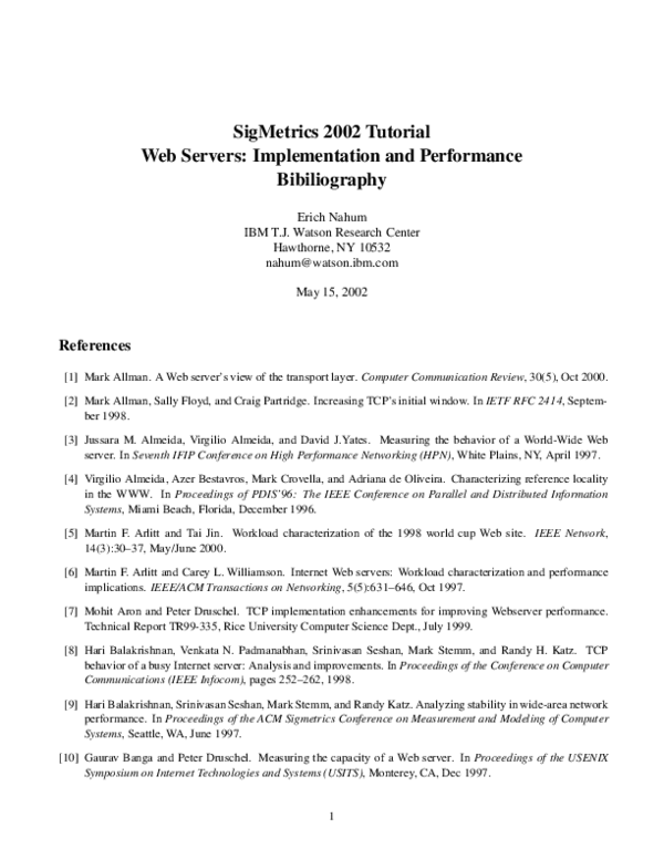 (PDF) SigMetrics 2002 Tutorial Web Servers: Implementation and Performance Bibiliography