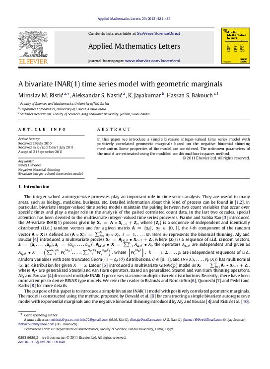 (PDF) A bivariate INAR (1) time series model with geometric marginals