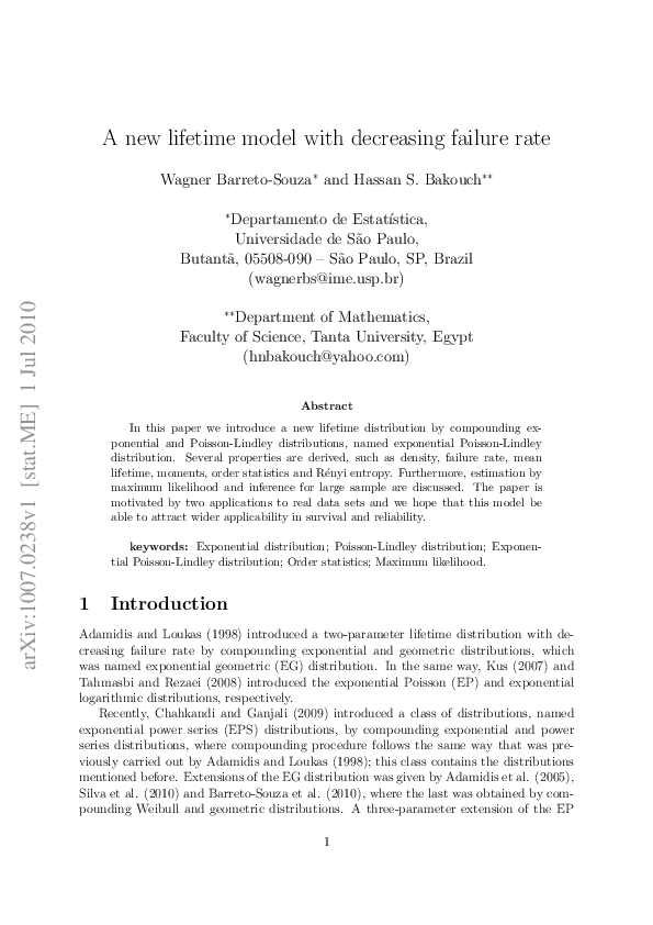 (PDF) A new lifetime model with decreasing failure rate