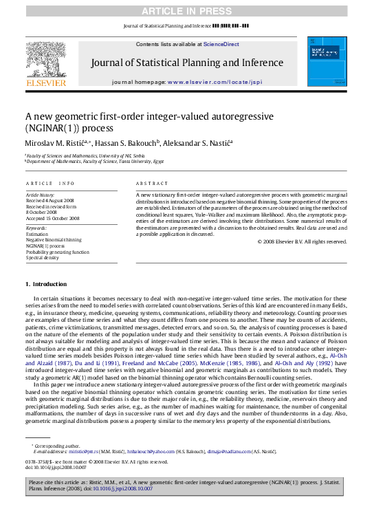 (PDF) A new geometric first-order integer-valued autoregressive (NGINAR(1)) process