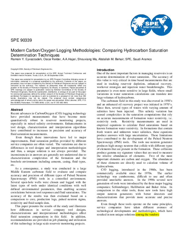 (PDF) Modern Carbon/Oxygen Logging Methodologies: Comparing Hydrocarbon ...