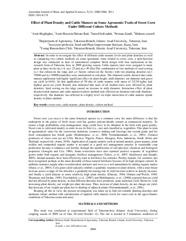 (PDF) Effect of Plant Density and Cattle Manure on Some Agronomic Traits of Sweet Corn Under ...