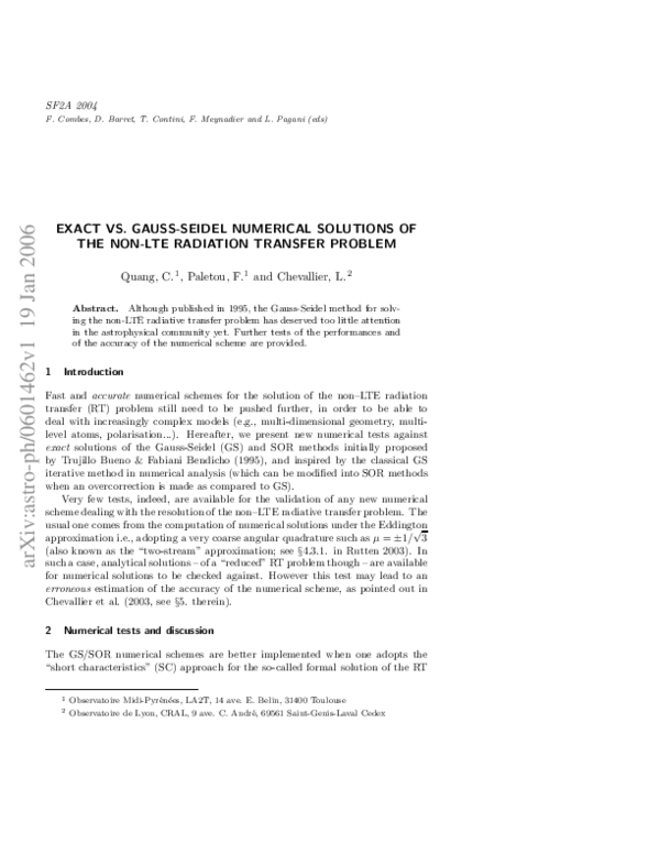(PDF) Exact vs. Gauss-Seidel numerical solutions of the non-LTE radiation transfer problem