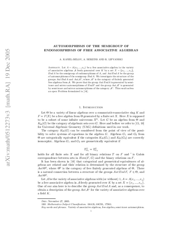 (PDF) Automorphisms of the Semigroup of Endomorphisms of Free Associative Algebras