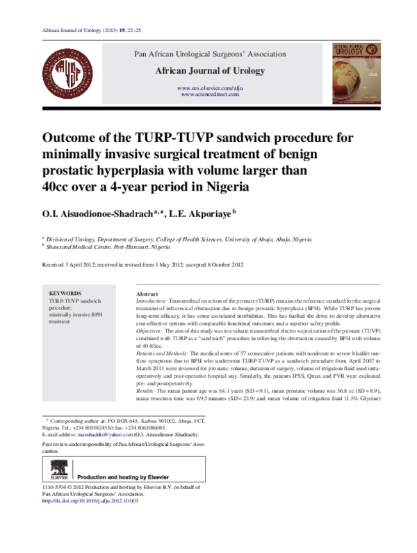 (PDF) Outcome of the TURP-TUVP sandwich procedure for minimally ...