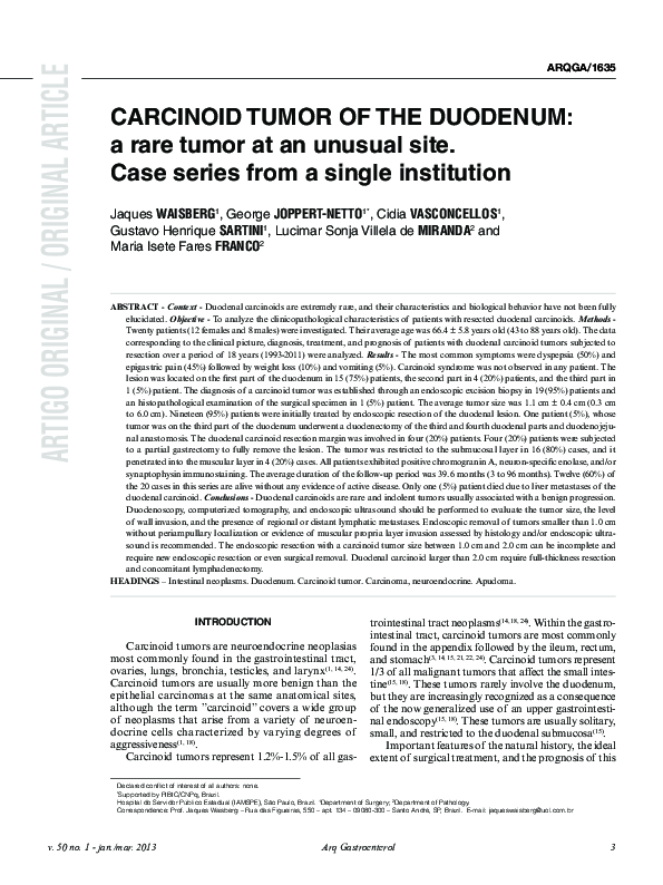 (PDF) Carcinoid tumor of the duodenum: a rare tumor at an unusual site ...