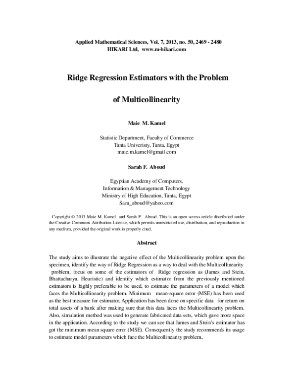 (PDF) Ridge regression estimators with the problem of multicollinearity