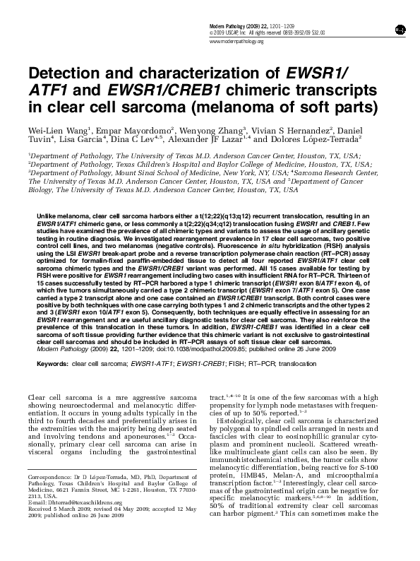 (PDF) Detection and characterization of EWSR1/ATF1 and EWSR1/CREB1 chimeric transcripts in clear ...