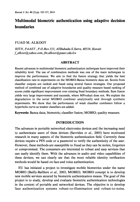 (PDF) Multimodal biometric authentication using adaptive decision boundaries