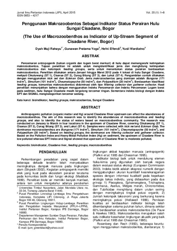(PDF) Penggunaan Makrozoobentos Sebagai Indikator Status Perairan Hulu ...