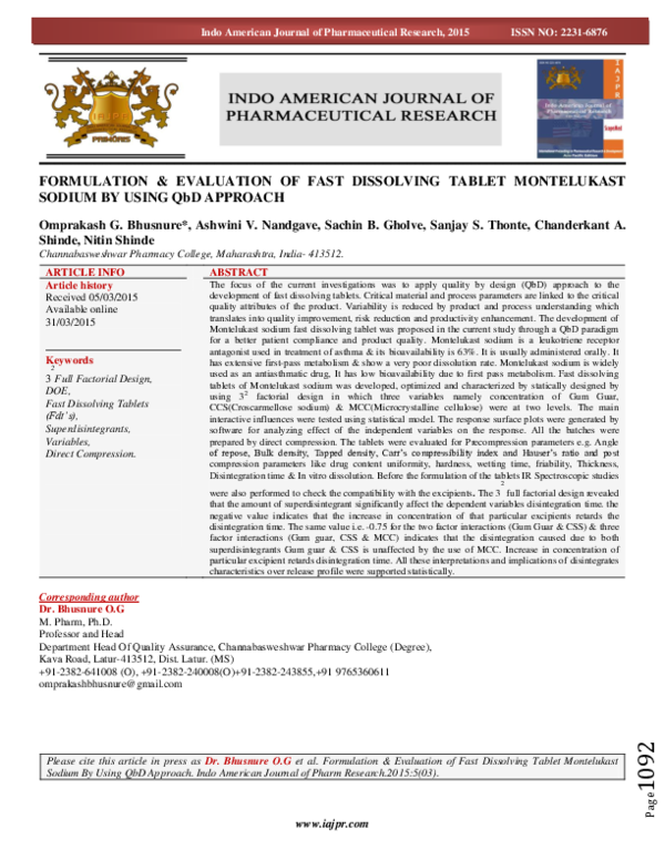 Pdf Formulation And Evaluation Of Fast Dissolving Tablet Montelukast Sodium By Using Qbd Approach