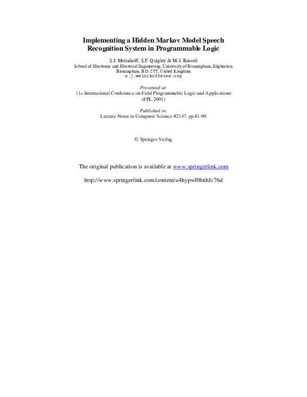 (PDF) Implementing a Hidden Markov Model Speech Recognition System in Programmable Logic