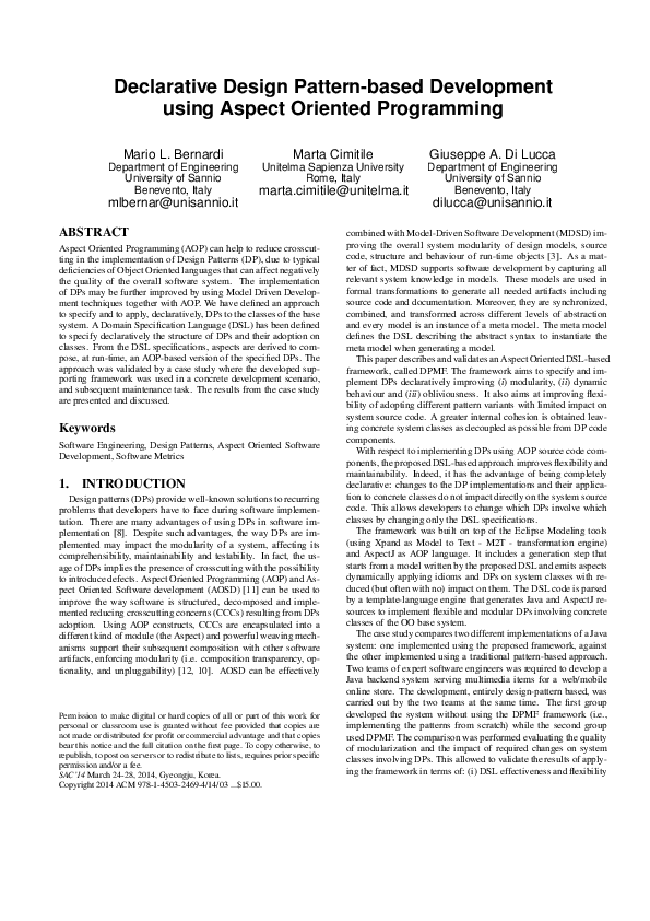 (PDF) Declarative design pattern-based development using aspect oriented programming