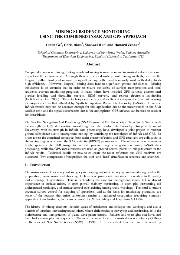 (PDF) Mining subsidence monitoring using the combined InSAR and GPS approach