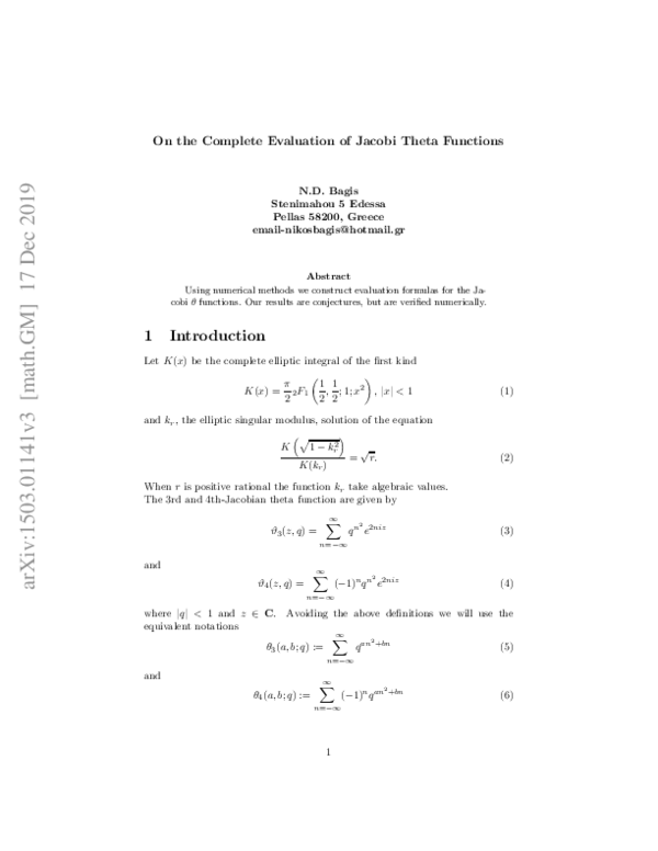 (PDF) On the Complete Evaluation of Jacobi Theta Functions