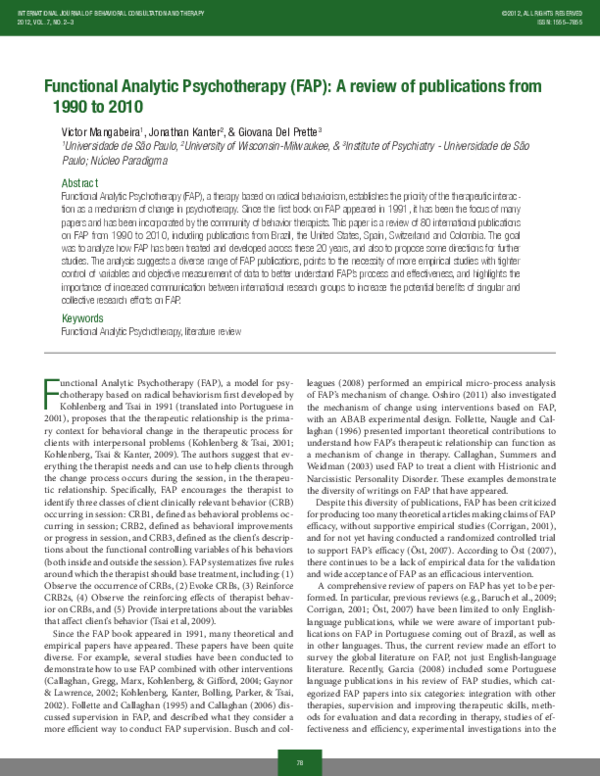 (PDF) Functional Analytic Psychotherapy (FAP): A review of publications ...