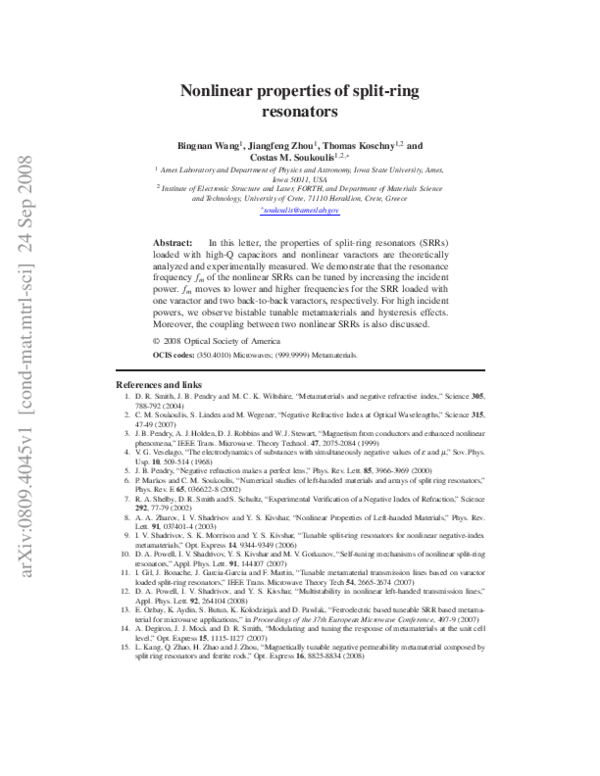 (PDF) Nonlinear properties of split-ring resonators