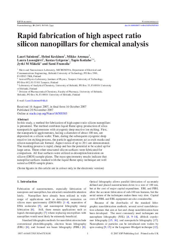 Pdf Rapid Fabrication Of High Aspect Ratio Silicon Nanopillars For Chemical Analysis