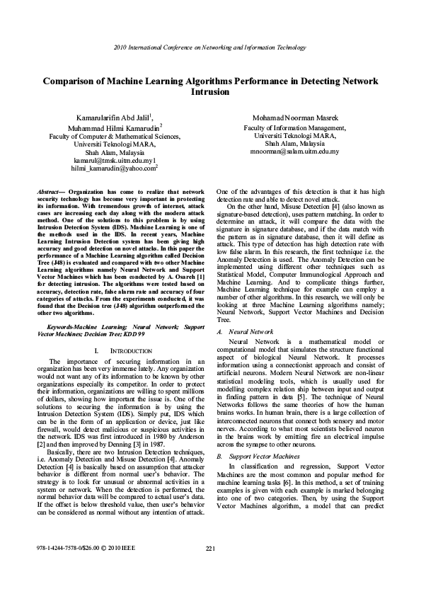 Pdf Comparison Of Machine Learning Algorithms Performance In Detecting Network Intrusion