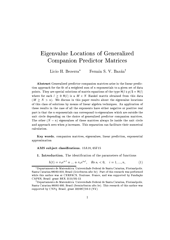 (PDF) Eigenvalue Locations of Generalized Companion Predictor Matrices