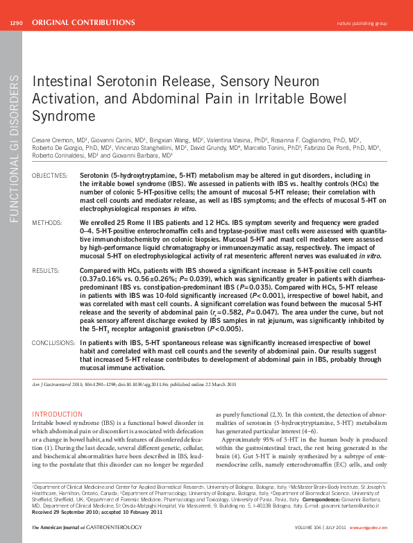 (PDF) Intestinal serotonin release, sensory neuron activation, and ...