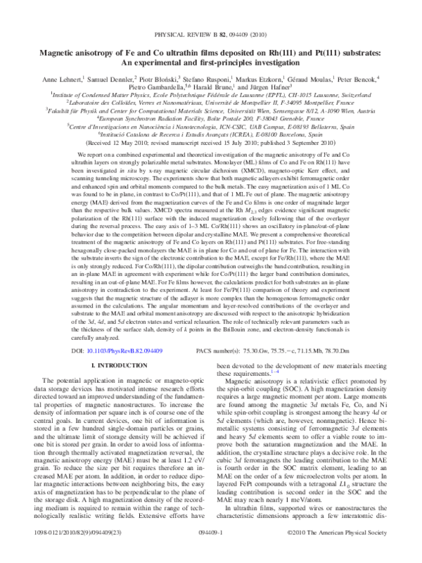 (PDF) Magnetic anisotropy of Fe and Co ultrathin films deposited on Rh(111) and Pt(111 ...