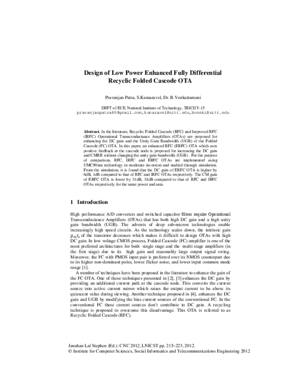 (PDF) Design of Low Power Enhanced Fully Differential Recyclic Folded Cascode OTA
