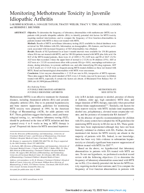 (PDF) Kocharla, et al: MTX surveillance in JIA Monitoring Methotrexate ...