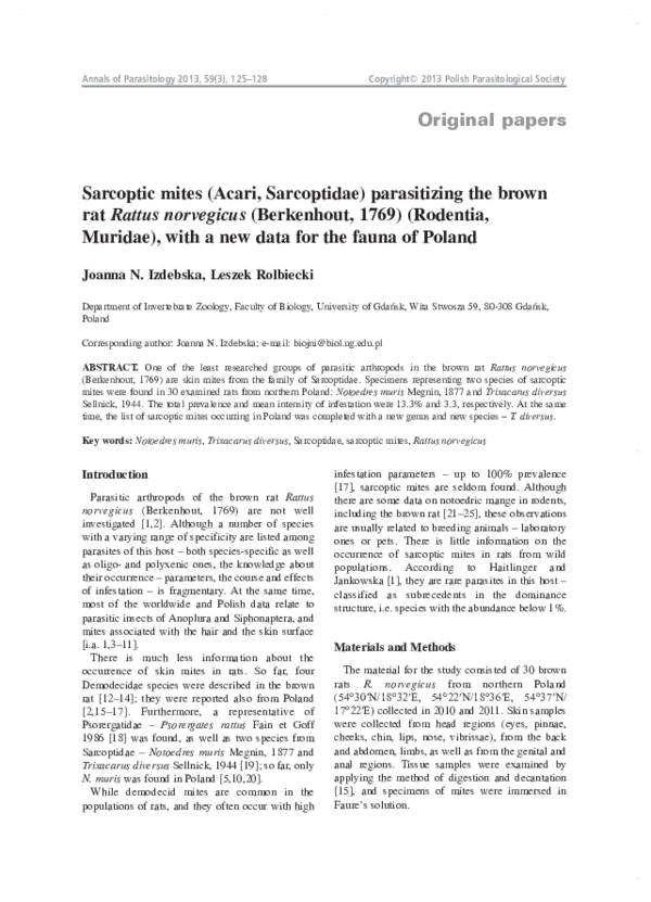(PDF) Sarcoptic mites (Acari, Sarcoptidae) parasitizing the brown rat ...