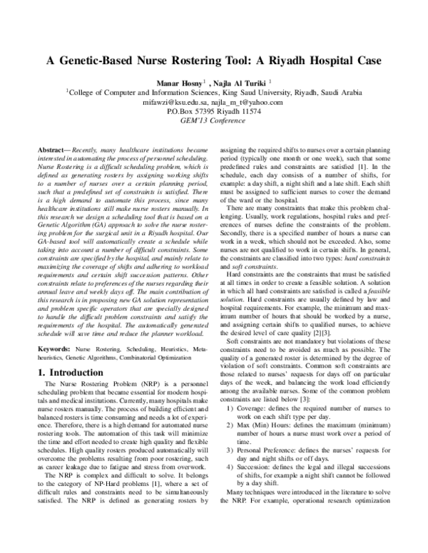 (PDF) A Genetic-Based Nurse Rostering Tool : A Riyadh Hospital Case