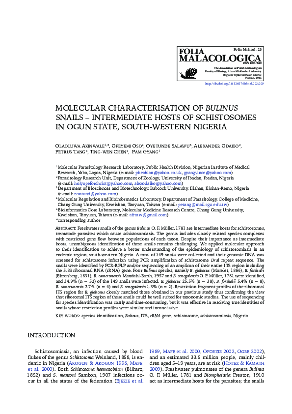 (PDF) Molecular characterisation of Bulinus snails – intermediate hosts ...