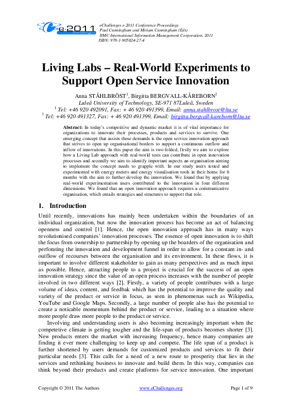 (PDF) Living Labs–Real-World Experiments to Support Open Service Innovation