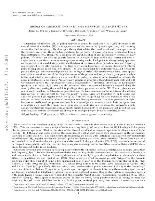 (PDF) Theory of Parabolic Arcs in Interstellar Scintillation Spectra