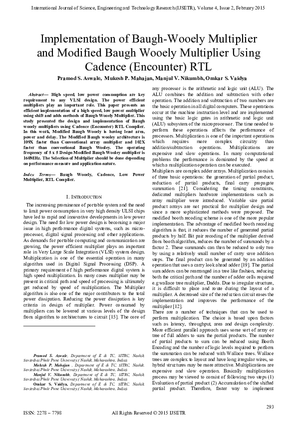 (PDF) Implementation of Baugh-Wooely Multiplier and Modified Baugh Wooely Multiplier Using ...