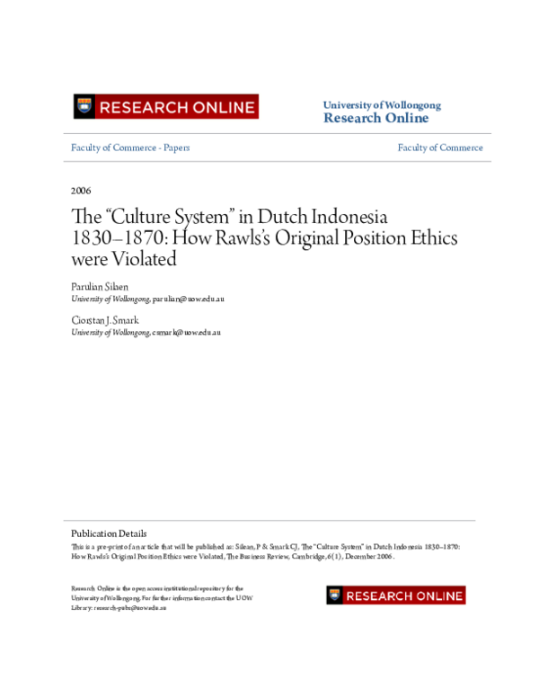 (PDF) The Culture System in Dutch Indonesia 1830 1870: How Rawls's ...