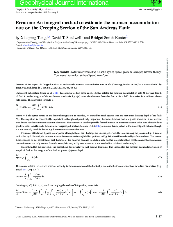 (PDF) Erratum: Moment Accumulation on San Andreas Fault