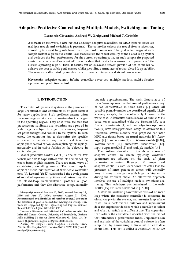 (PDF) Adaptive predictive control using multiple models, switching and tuning