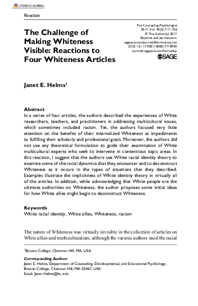 (PDF) The Challenge of Making Whiteness Visible: Reactions to Four ...