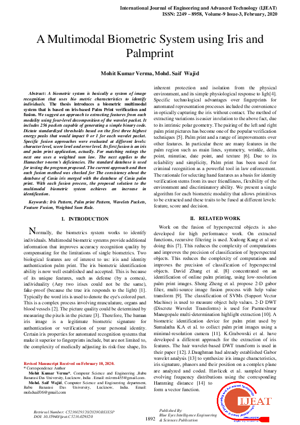 Pdf A Multimodal Biometric System Using Iris And Palmprint