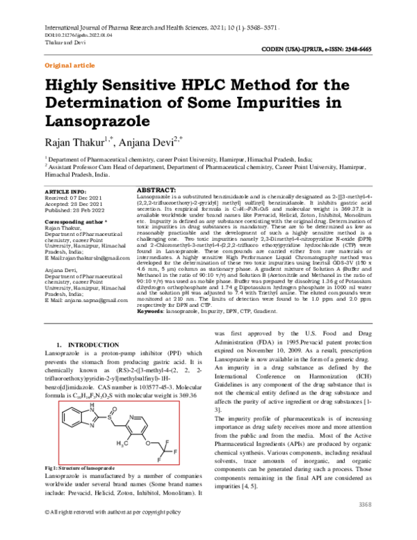 Pdf Highly Sensitive Hplc Method For The Determination Of Some Impurities In Lansoprazole