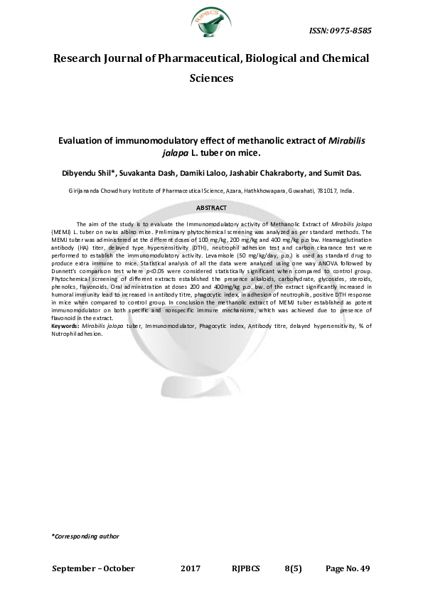 (PDF) Evaluation of immunomodulatory effect of methanolic extract of Mirabilis jalapa L . tuber ...