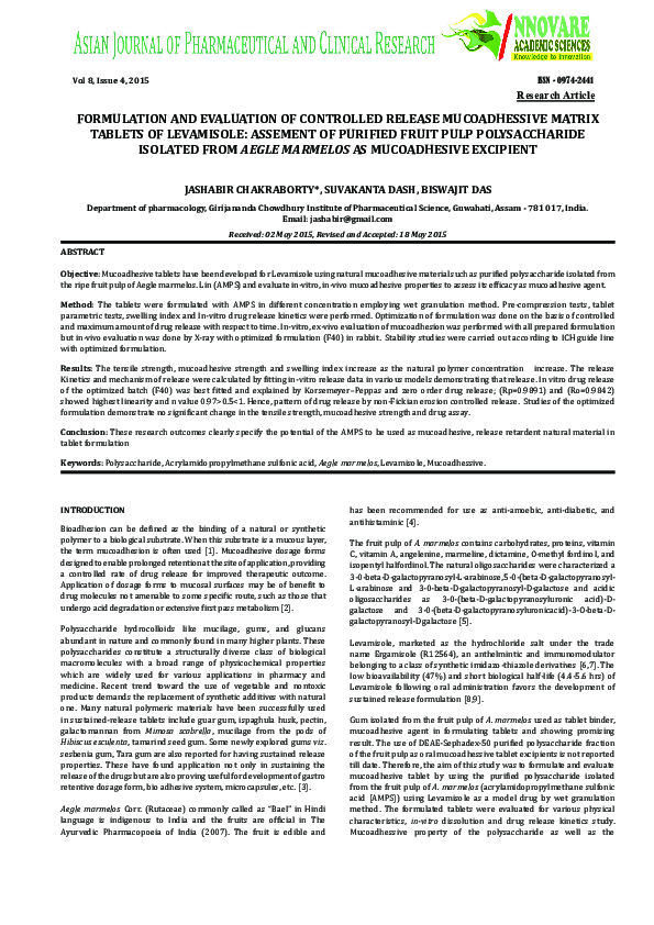 Pdf Formulation And Evaluation Of Controlled Release Mucoadhessive Matrix Tablets Of