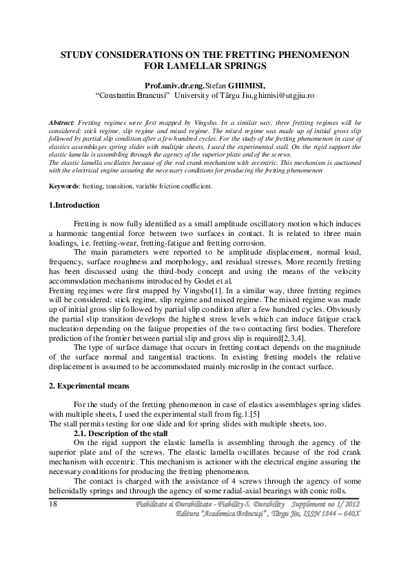 (PDF) Study Considerations on the Fretting Phenomenon for Lamellar Springs