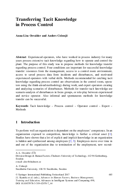 (PDF) Transferring Tacit Knowledge in Process Control
