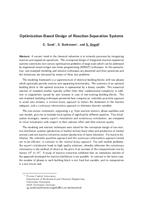 (PDF) Optimization-Based Design of Reaction-Separation Systems