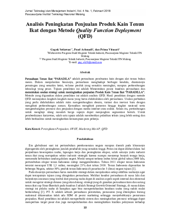 (PDF) Analisis Peningkatan Penjualan Produk Kain Tenun Ikat dengan Metode Quality Function ...